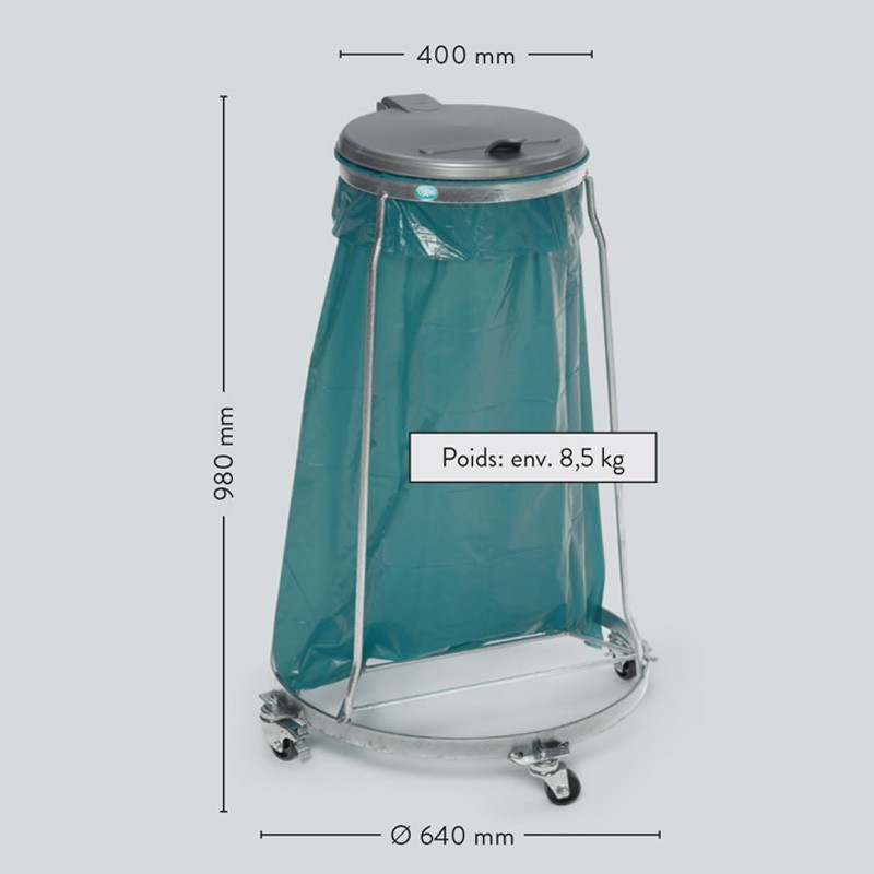 Support pour sac poubelles en plastique 120 L à roulettes et avec un ...